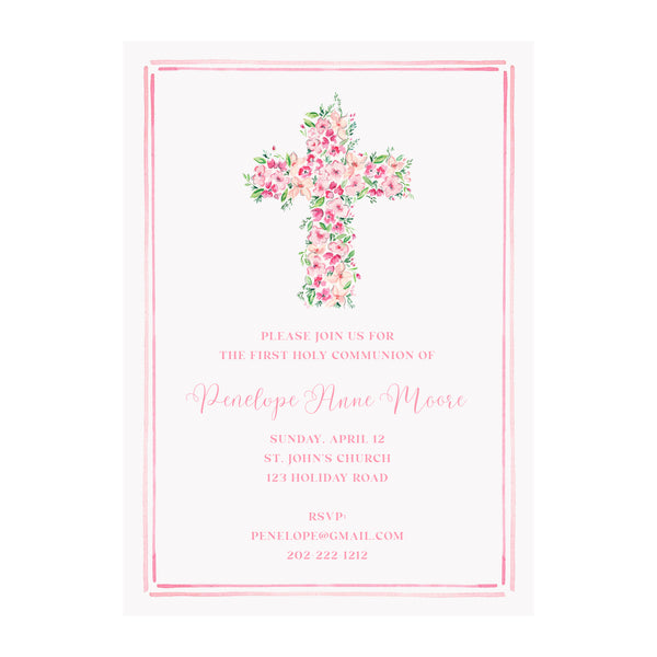 Pink Floral Cross- Christening Baptism Communion Cross Invitation ...